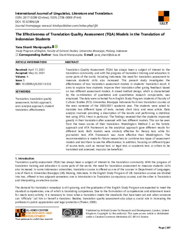 (PDF) The Effectiveness of Translation Quality Assessment (TQA) Models ...