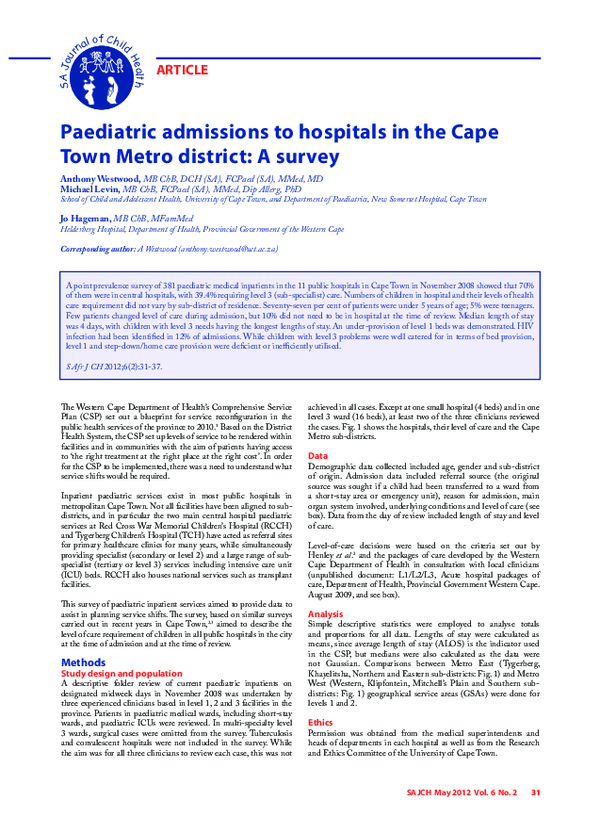 (PDF) Paediatric admissions to hospitals in the Cape Town Metro ...