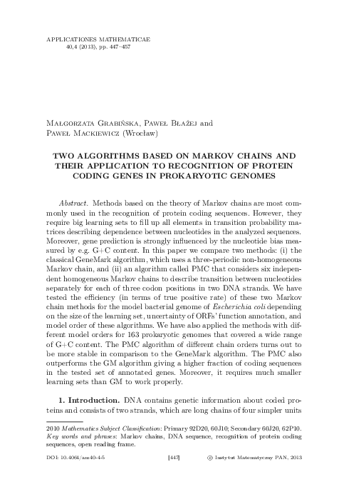 (PDF) Two algorithms based on Markov chains and their application to recognition of protein ...