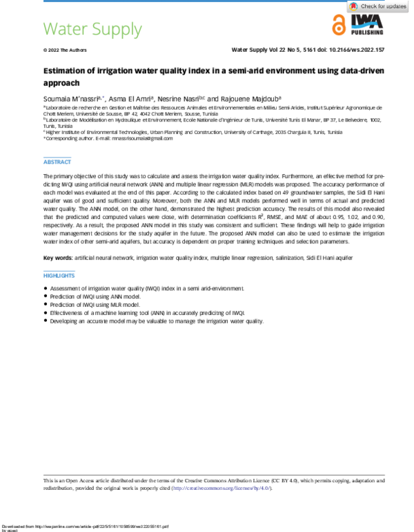 (PDF) Estimation of irrigation water quality index in a semi-arid environment using data-driven ...