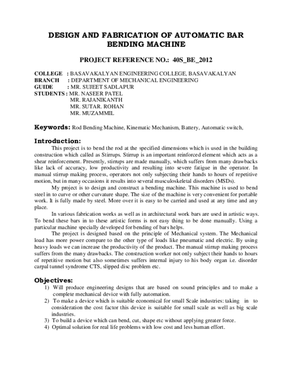 (PDF) Design and Fabrication of Automatic Bar Bending Machine | Pratik ...