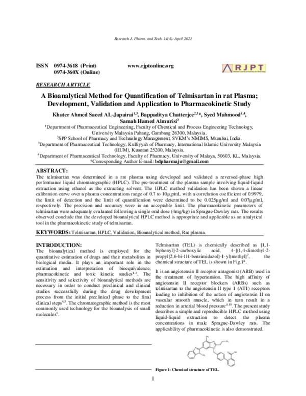 (PDF) A Bioanalytical Method for Quantification of Telmisartan in rat Plasma; Development ...