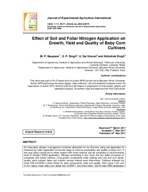 (PDF) Effect of Soil and Foliar Nitrogen Application on Growth, Yield ...