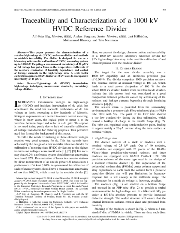 (PDF) Traceability and characterization of a 1000 kV HVDC reference divider