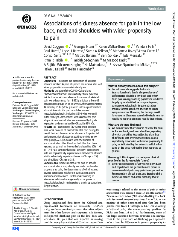 (PDF) Associations of sickness absence for pain in the low back, neck ...