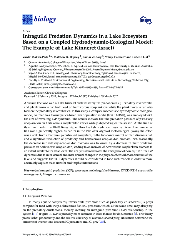 (PDF) Intraguild Predation Dynamics in a Lake Ecosystem Based on a Coupled Hydrodynamic ...