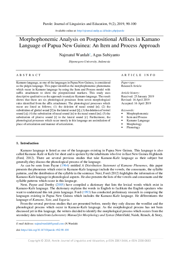 (PDF) Morphophonemic Analysis on Postpositional Affixes in Kamano ...