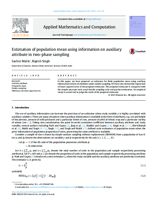 Pdf Estimation Of Population Mean Using Information On Auxiliary Attribute In Two Phase