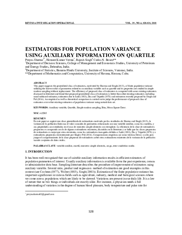 Pdf Estimators For Population Variance Using Auxiliary Information On