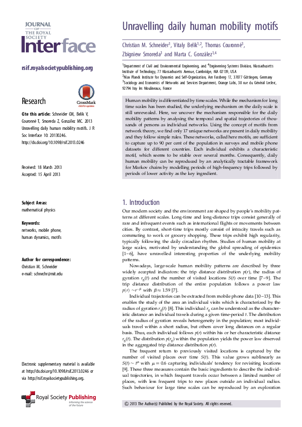 (PDF) Unravelling daily human mobility motifs