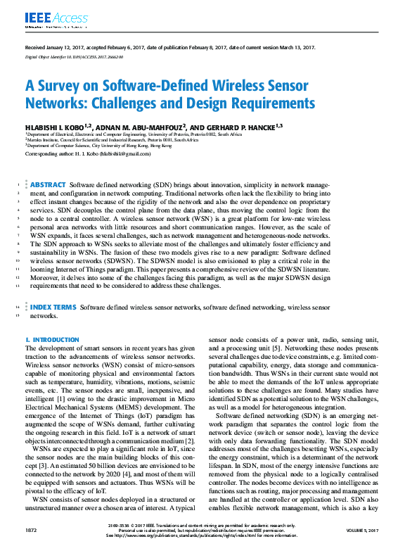 (PDF) A Survey on Software-Defined Wireless Sensor Networks: Challenges and Design Requirements ...