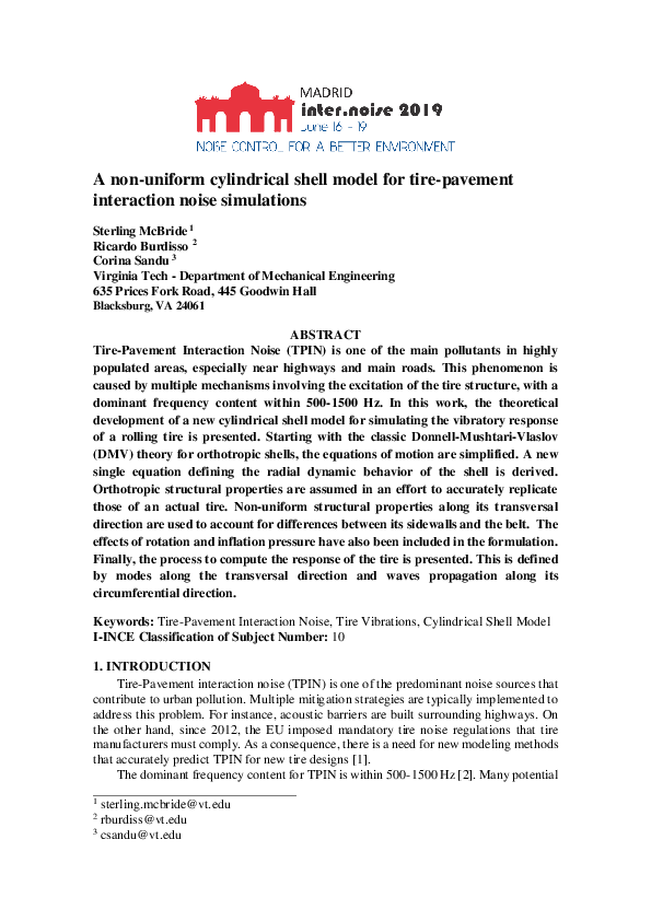 (PDF) A non-uniform cylindrical shell model for tire-pavement interaction noise simulations