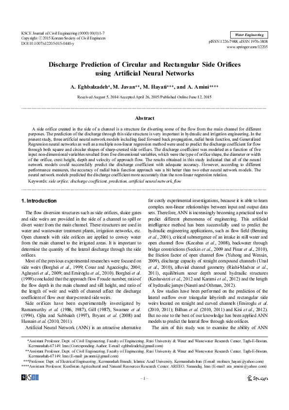 Pdf Discharge Prediction Of Circular And Rectangular Side Orifices Using Artificial Neural