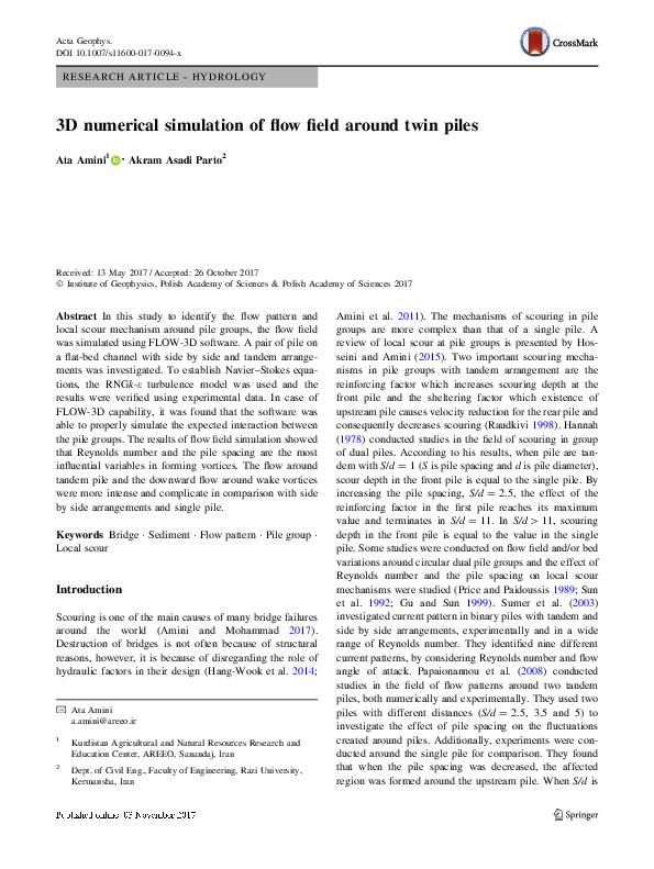 (PDF) 3D numerical simulation of flow field around twin piles