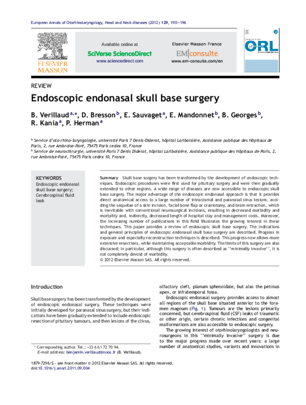 (PDF) Endoscopic endonasal skull base surgery