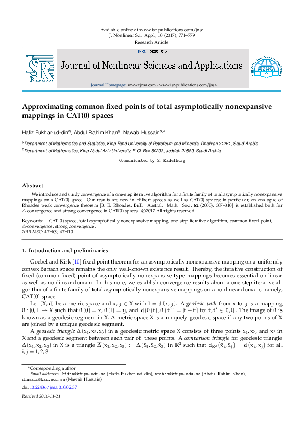 Pdf Approximating Common Fixed Points Of Total Asymptotically Nonexpansive Mappings In Cat0 