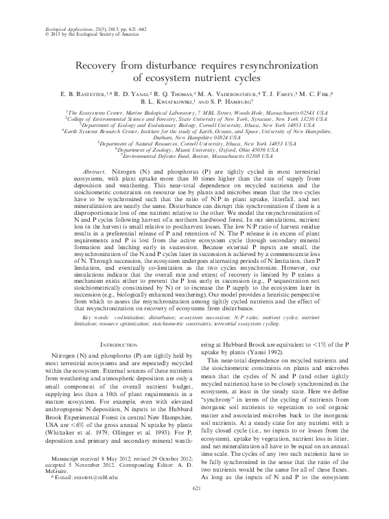 (PDF) Recovery from disturbance requires resynchronization of ecosystem ...