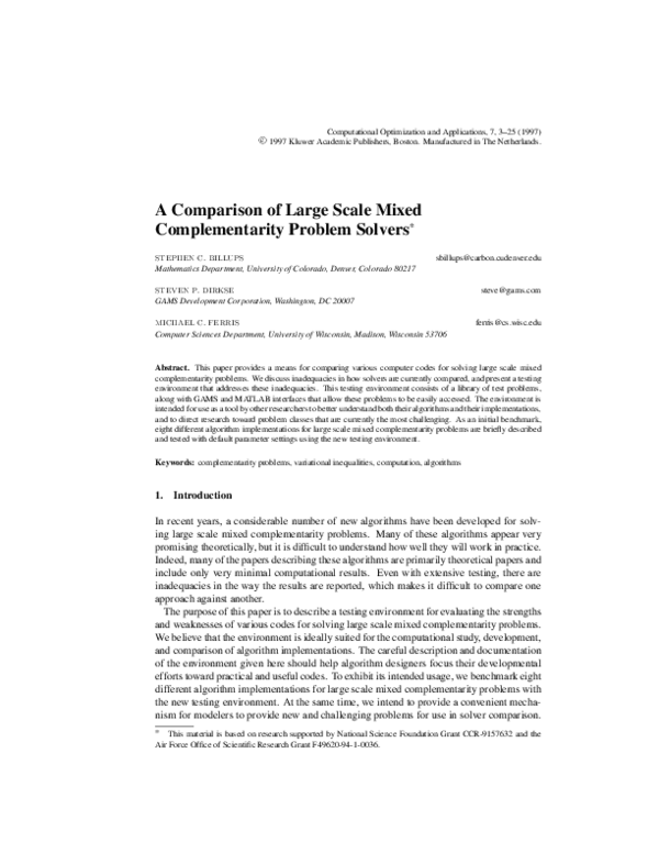 (PDF) A Comparison of Large Scale Mixed Complementarity Problem Solvers