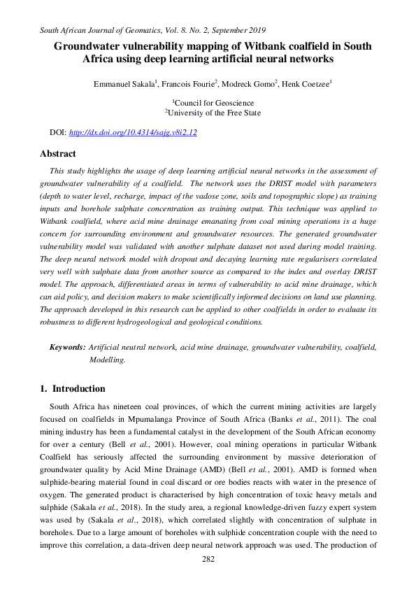 (PDF) Groundwater vulnerability mapping of Witbank coalfield in South Africa using deep learning ...