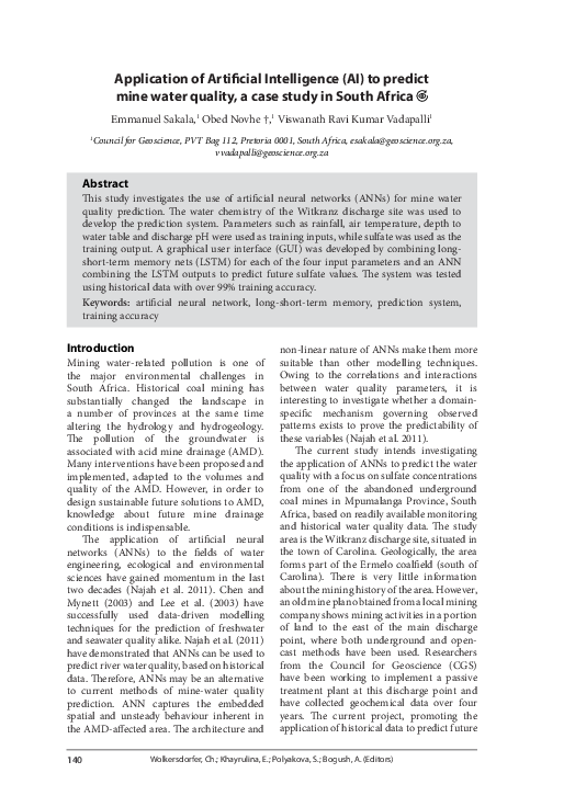 (PDF) Application of Artificial Intelligence (AI) to predict mine water ...