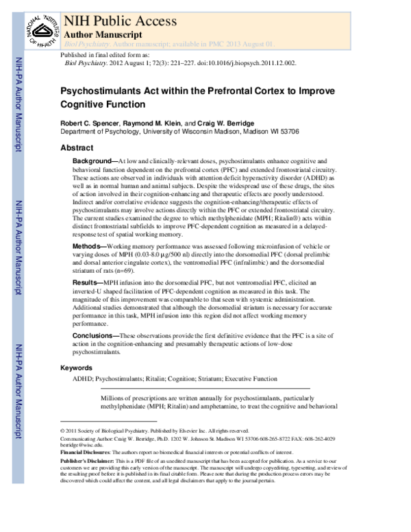 (PDF) Psychostimulants Act Within the Prefrontal Cortex to Improve Cognitive Function