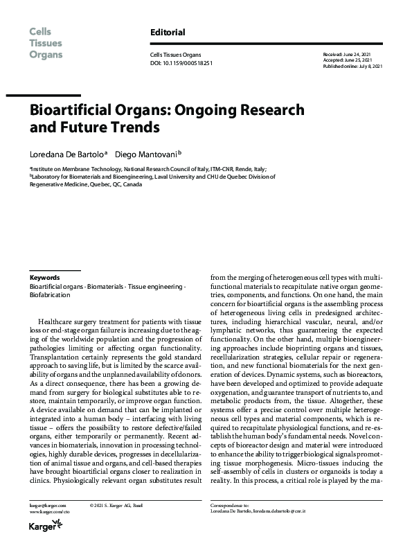(PDF) Bioartificial Organs: Ongoing Researches and Future Trends