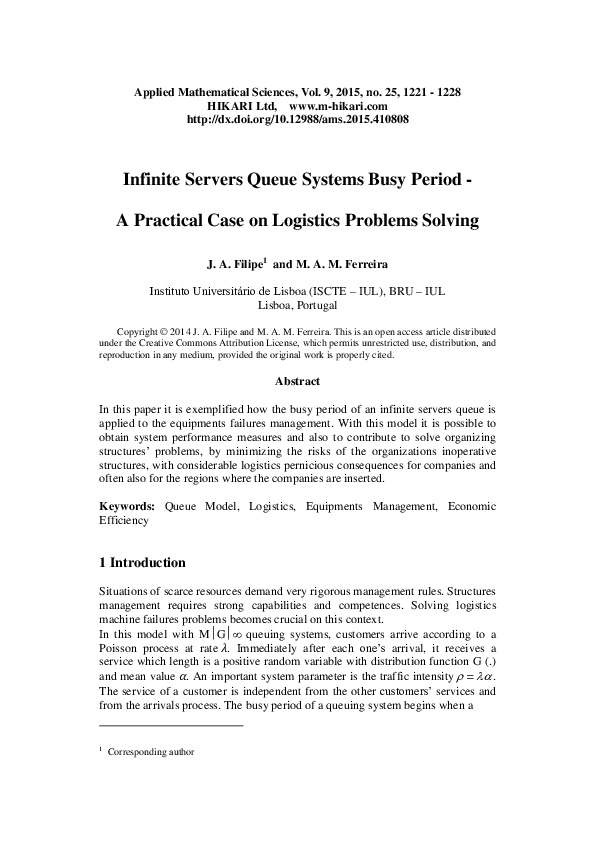 (PDF) Infinite servers queue systems busy period - a practical case on logistics problems solving