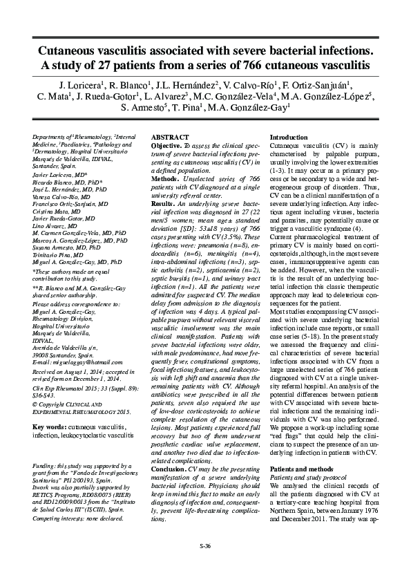 (PDF) Cutaneous vasculitis associated with severe bacterial infections. A study of 27 patients ...