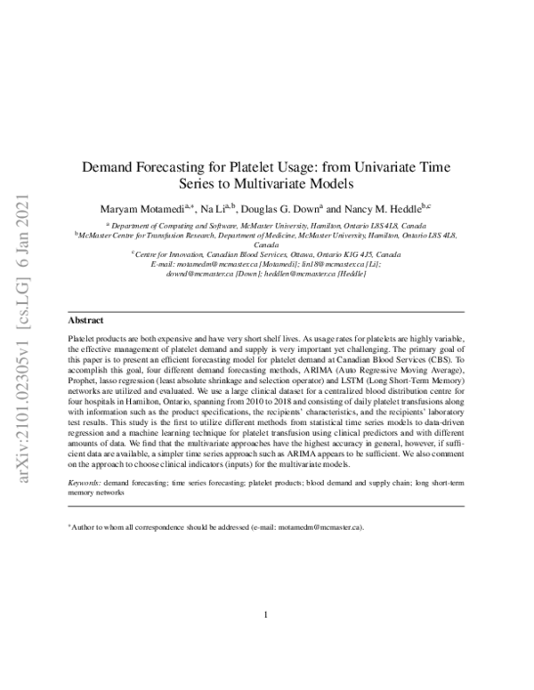 Pdf Demand Forecasting For Platelet Usage From Univariate Time Series To Multivariate Models