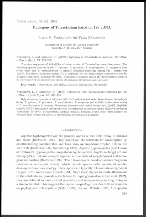 (PDF) Phylogeny of Tetracladium based on 18S rDNA