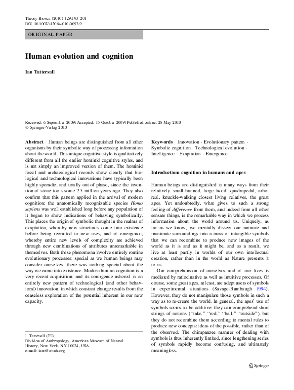 (PDF) ORIGINAL PAPER Human evolution and cognition