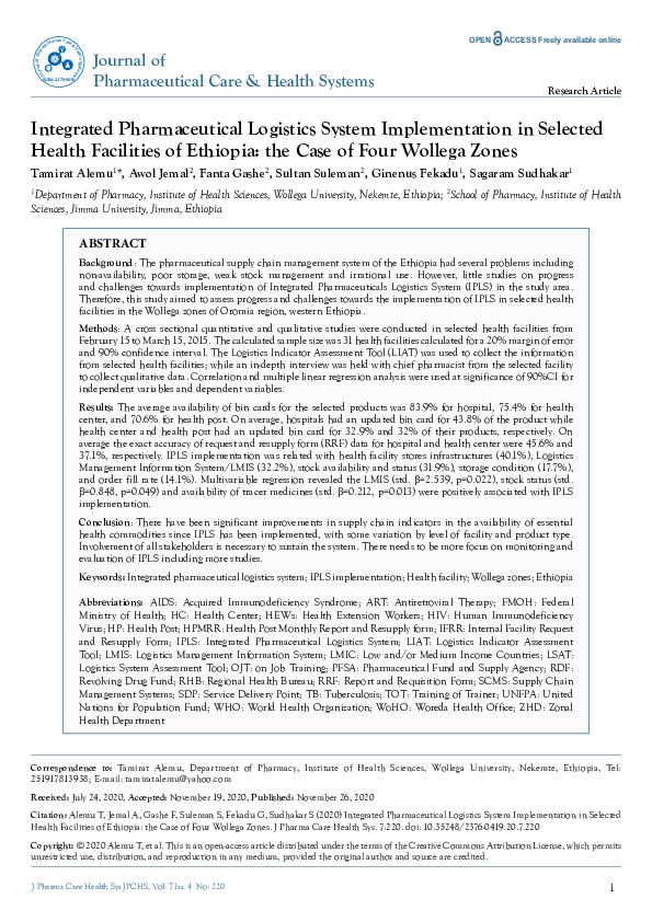 (PDF) Integrated Pharmaceutical Logistics System Implementation in Selected Health Facilities of ...