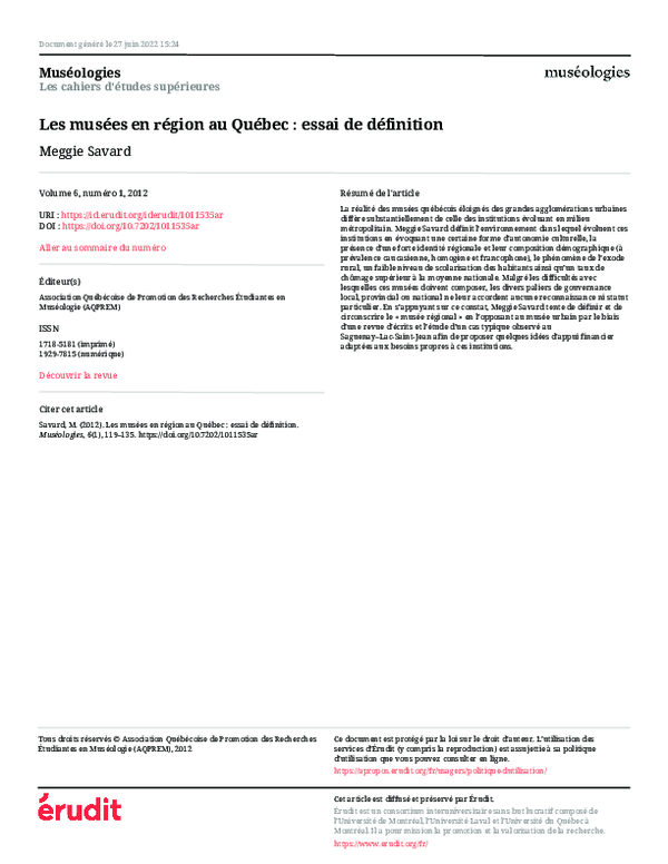 (PDF) Les musées en région au Québec : essai de définition