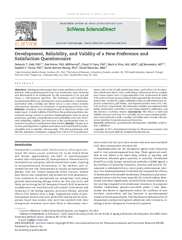 (PDF) Development, Reliability, and Validity of a New Preference and Satisfaction Questionnaire