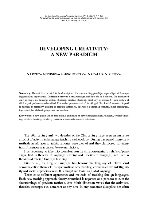 (PDF) Developing creativity: a new paradigm