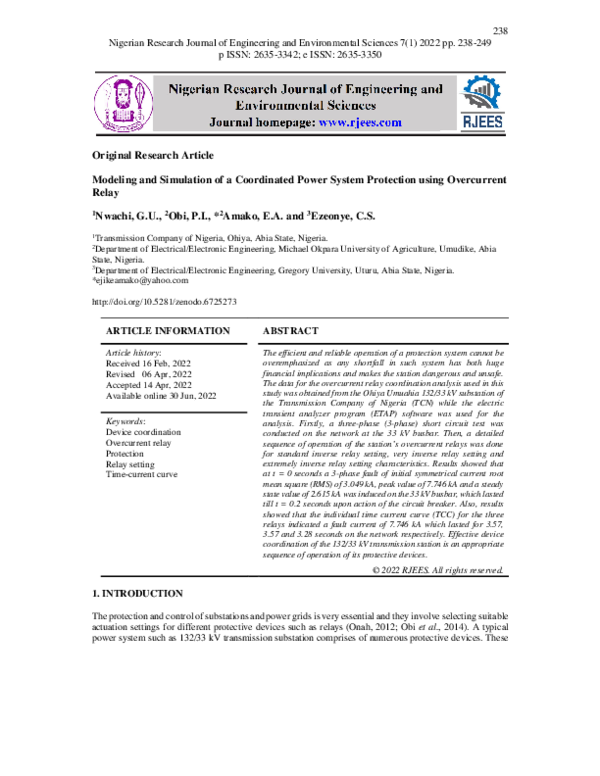 Pdf Modeling And Simulation Of A Coordinated Power System Protection Using Overcurrent Relay