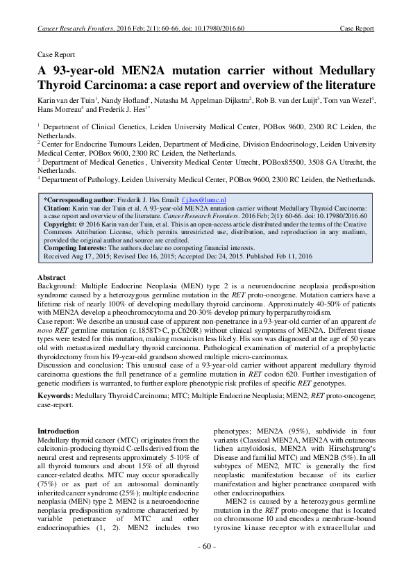 (PDF) A 93-year-old MEN2A mutation carrier without Medullary Thyroid Carcinoma: a case report ...