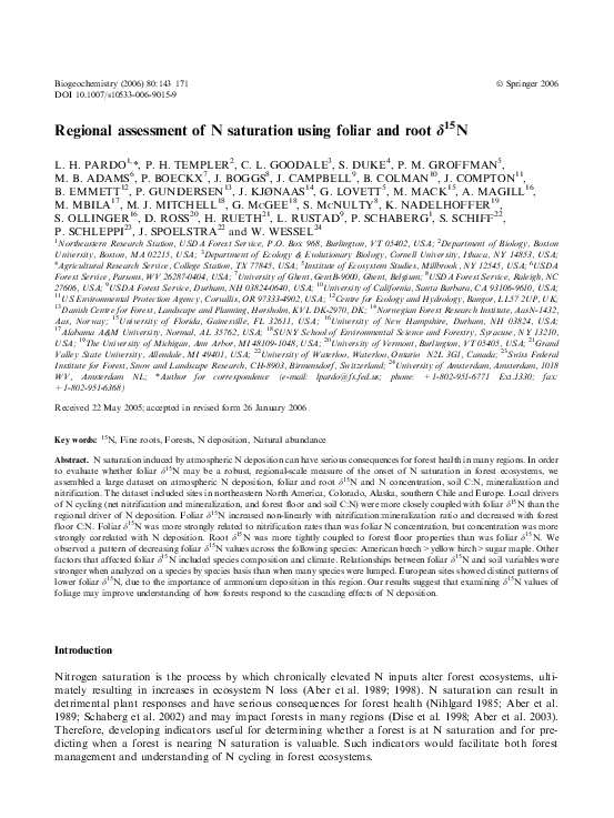 (PDF) Regional Assessment of N Saturation using Foliar and Root $$\varvec {\delta}^{\bf 15}{\bf N}$$