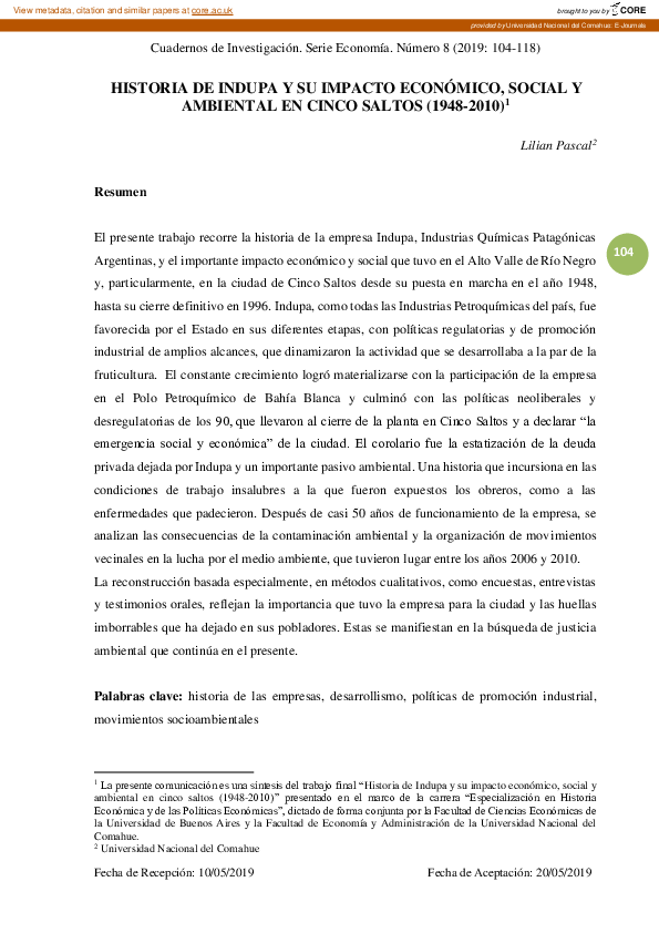 (PDF) Historia de Indupa y su impacto económico, social y ambiental en ...