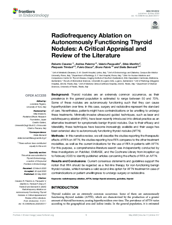 Pdf Radiofrequency Ablation On Autonomously Functioning Thyroid Nodules A Critical Appraisal