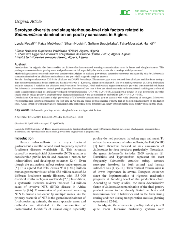 (PDF) Salmonella Risk Factors in Poultry in Algiers