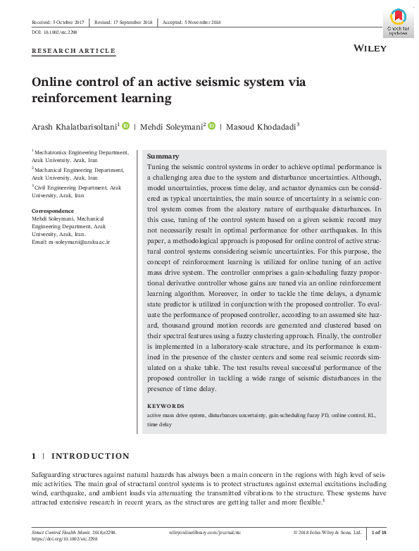 (PDF) Online control of an active seismic system via reinforcement learning