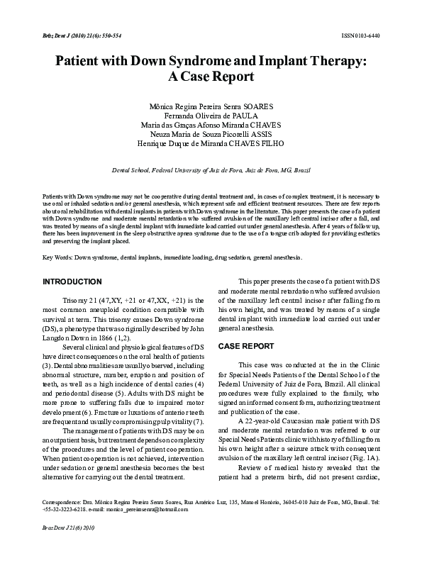 (PDF) Patient with Down syndrome and implant therapy: a case report