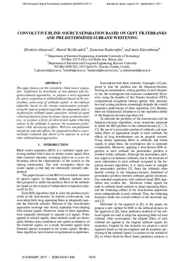Pdf Convolutive Blind Source Separation Based On Gdft Filterbanks And Pre Determined Subband