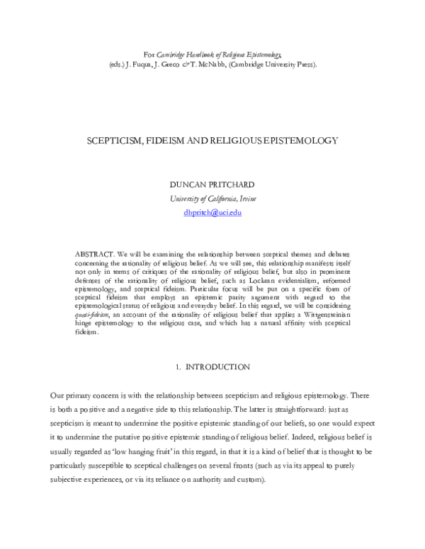 (PDF) SCEPTICISM, FIDEISM AND RELIGIOUS EPISTEMOLOGY