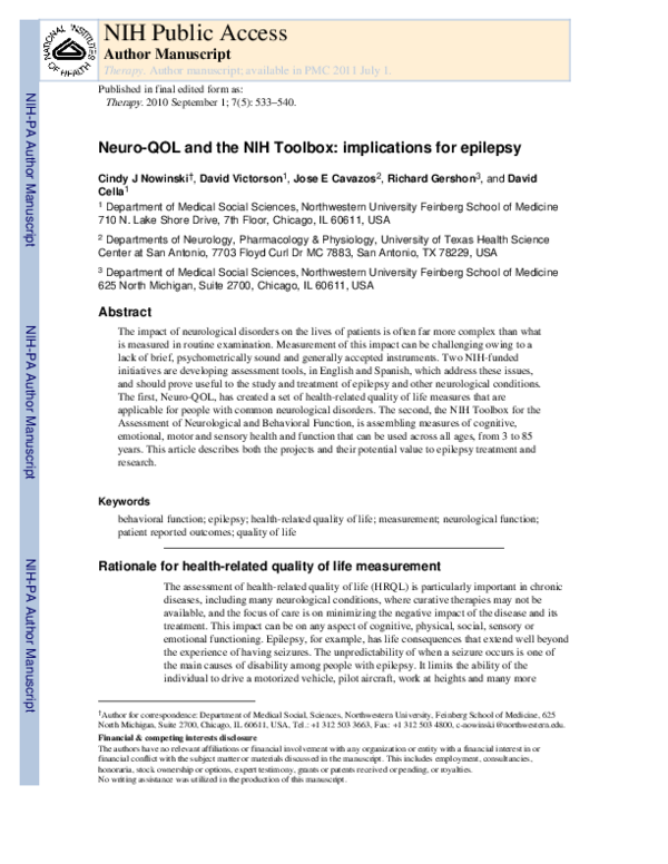 (PDF) Neuro-QOL and the NIH Toolbox: implications for epilepsy