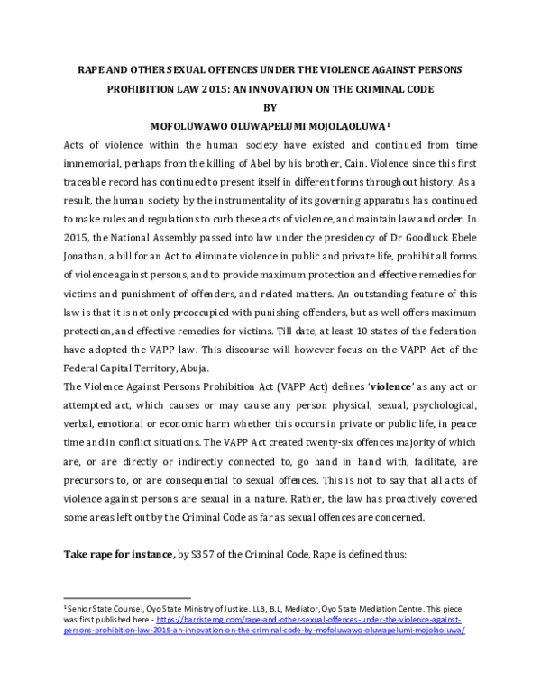 (PDF) RAPE AND OTHER SEXUAL OFFENCES UNDER THE VIOLENCE AGAINST PERSONS ...