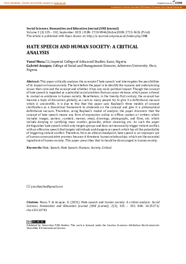 (PDF) Hate Speech and Human Society: A Critical Analysis