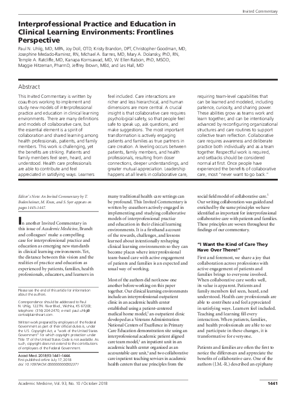 (PDF) Interprofessional Practice and Education in Clinical Learning Environments: Frontlines ...