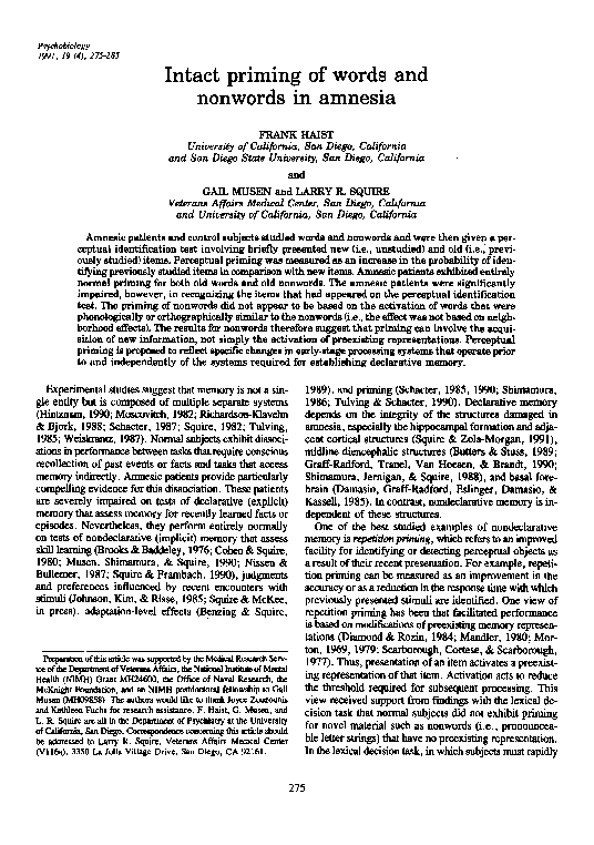 (PDF) Intact priming of words and nonwords in amnesia